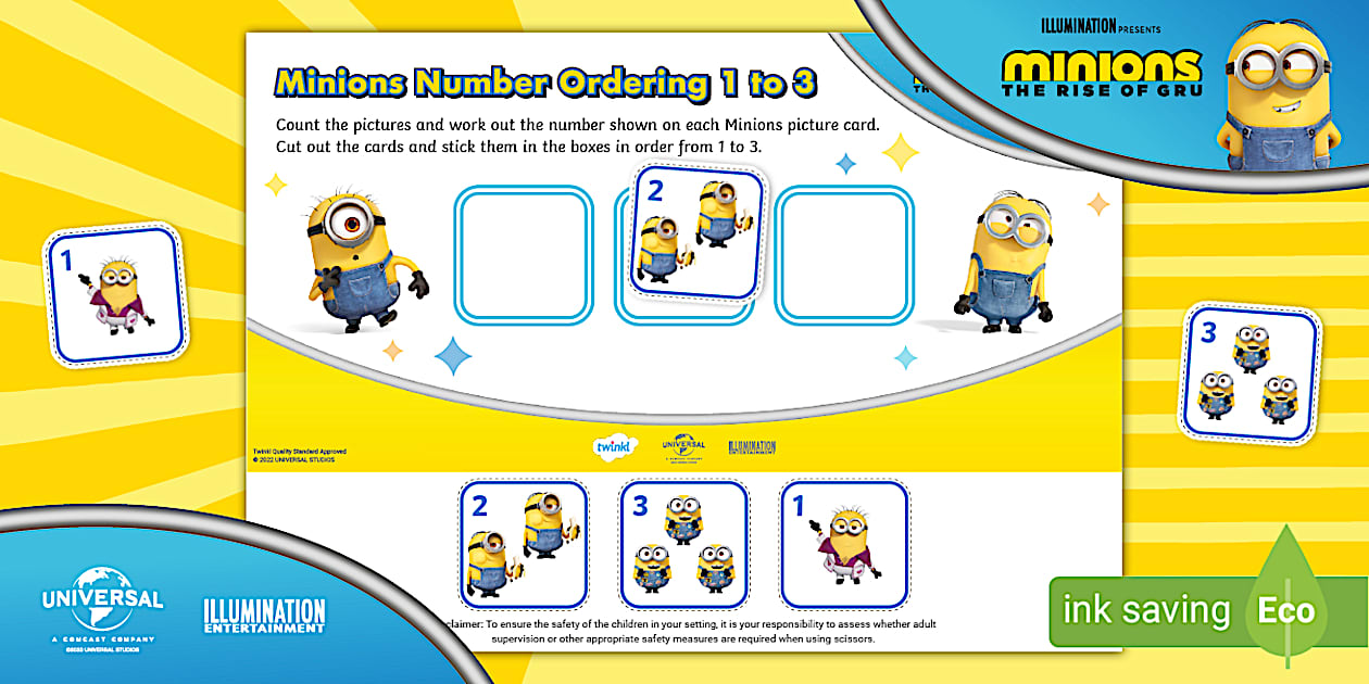 👉 Minions: Cut and Stick Number Ordering Sheet 1 to 3